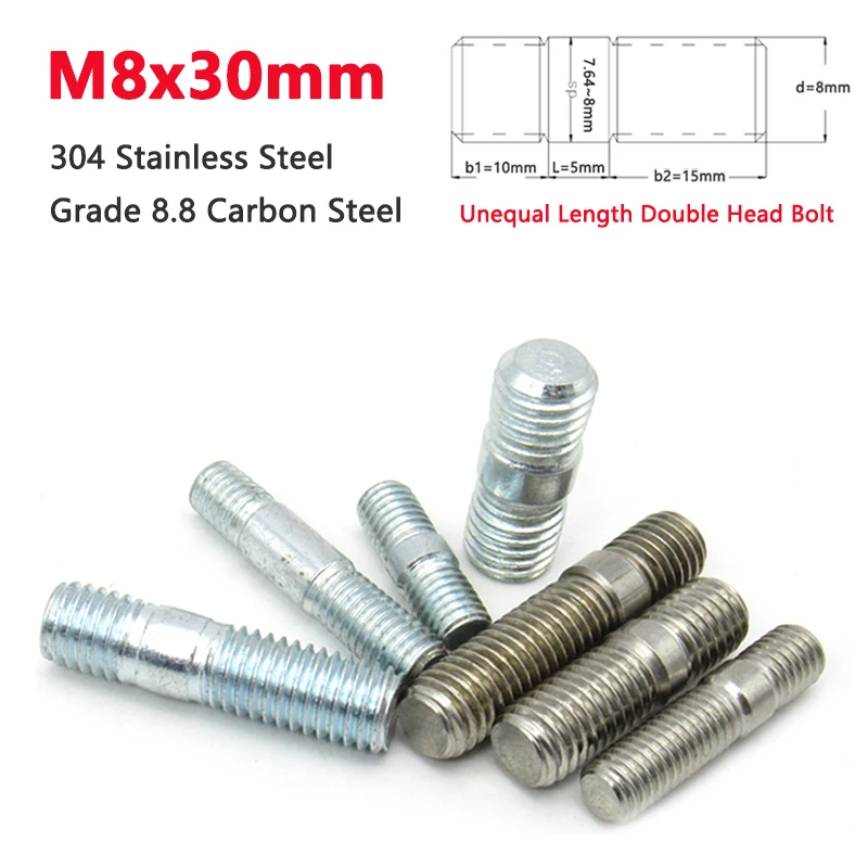 5pcs-M8-Double-End-Thread-Rod-Stud-Bolt-Screw-Stick-Dual-Head-Threaded ...