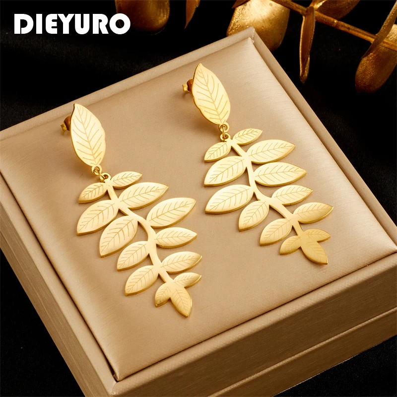 DIEYURO-316L-Stainless-Steel-Gold-Color-Leaves-Drop-Earrings-For-Women-Girl-Fashion-Non-fading ...