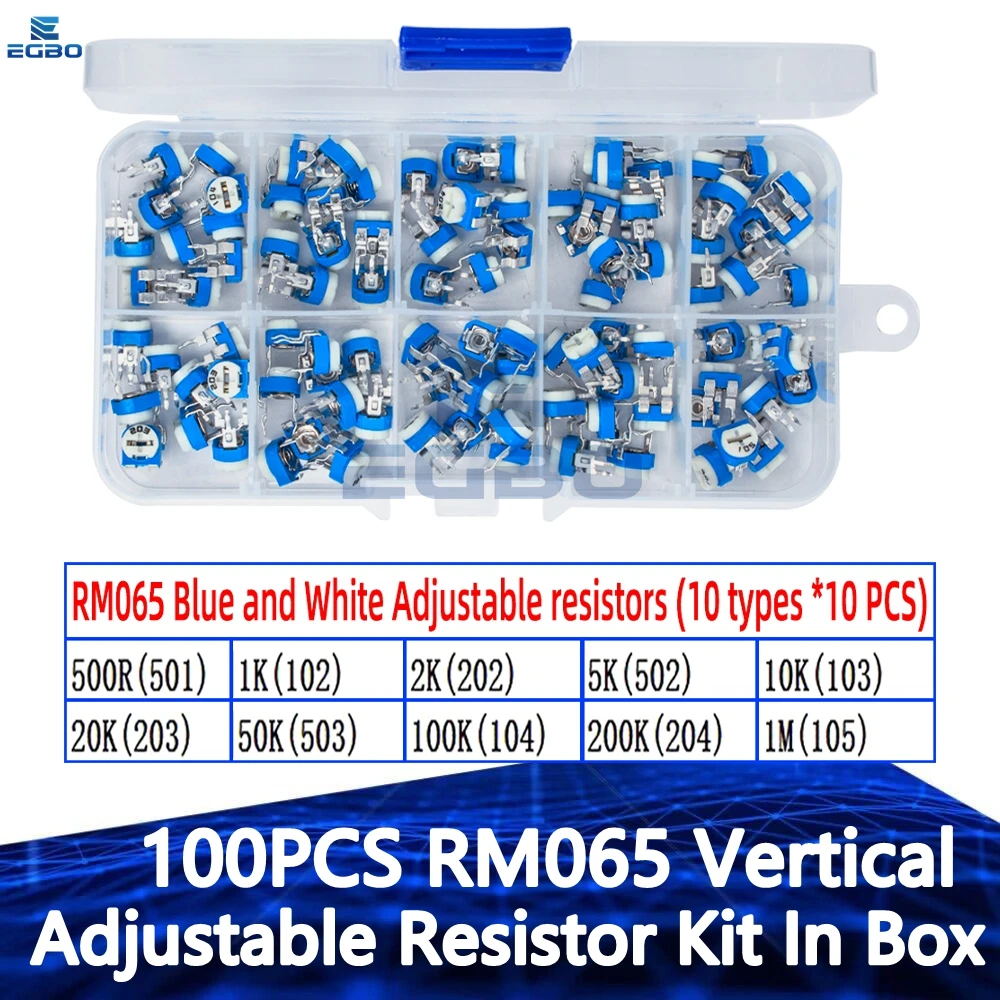 100PCS-RM065-Vertical-Adjustable-Resistor-Kit-In-Box-500-ohm-1M-ohm-10 ...