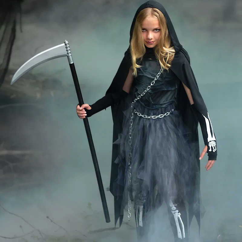 Kids Girls Black Angel of Death Fancy Dress Up Scary Miss Grim Skeleton ...