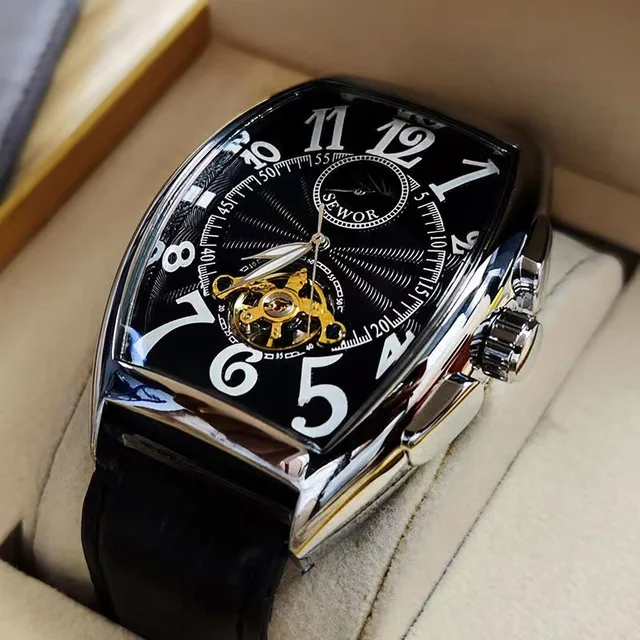 Luxury Gold Tourbillon Moon Phase Watch for Men Leather Band Automatic ...