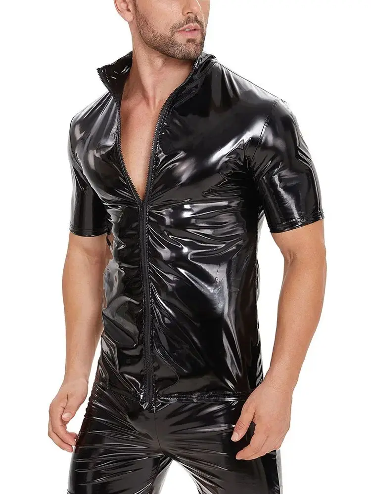 S-7XL-Shiny-Faux-PU-Leather-Jackets-Short-Sleeve-T-Shirt-Wet-Look-PVC ...