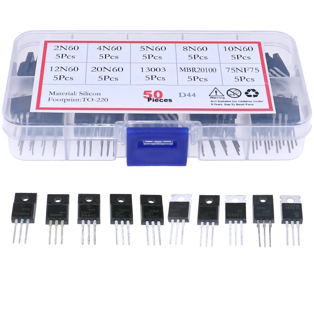 50Pcs 10Types TO-220 Field-Effect Transistor Mosfet Mixed Kit Box 2N60 ...