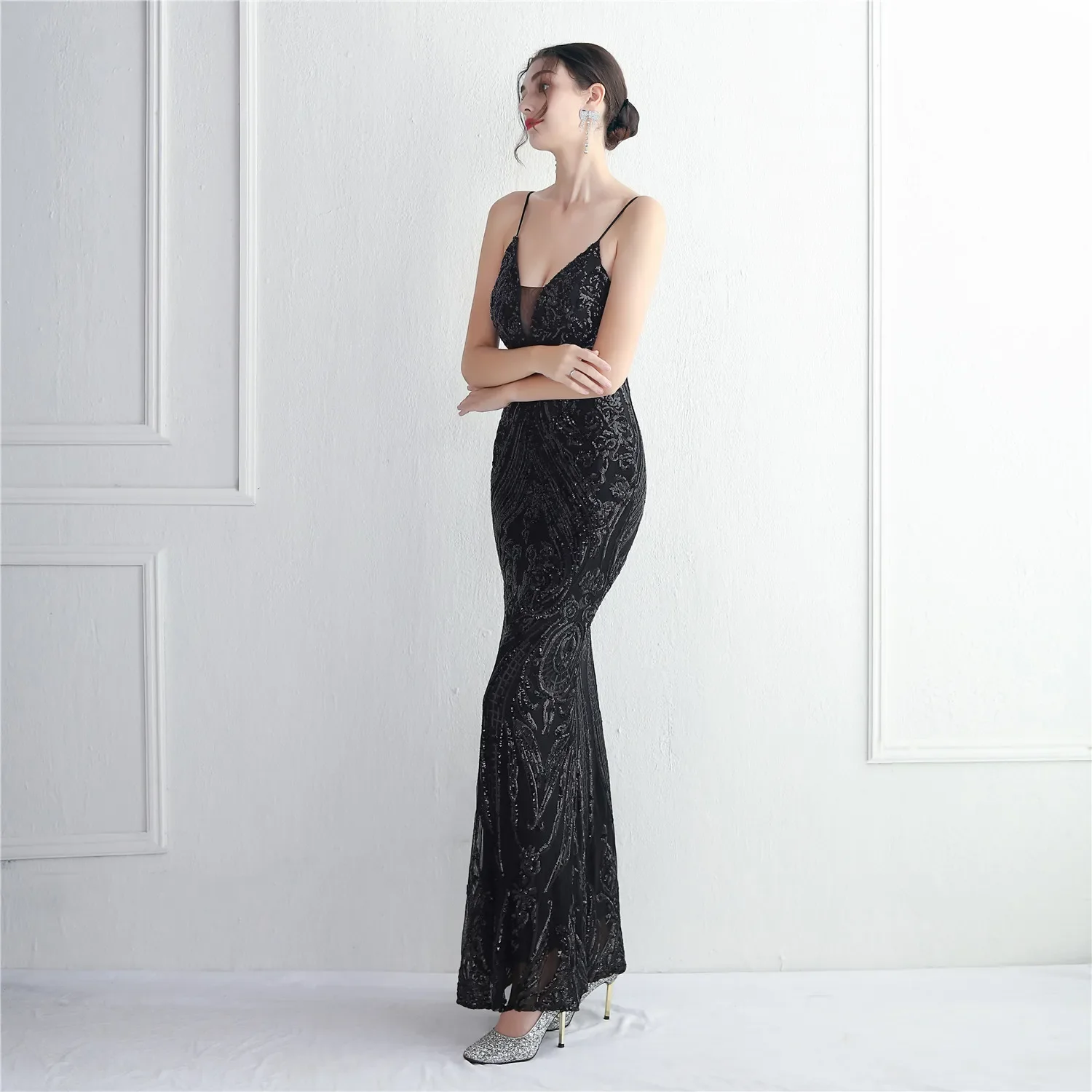 Black-Sequins-Straps-Prom-Evening-Party-Dresses-Mermaid-Floor-Length ...