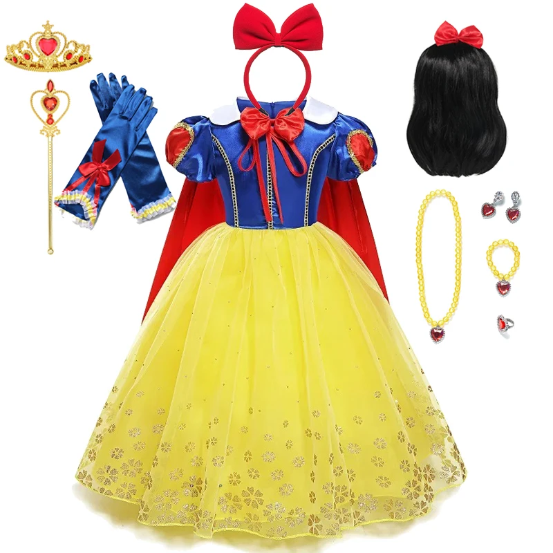 Disney Girl Snow White Cosplay Dress Short Sleeve Bow With Cape Cute ...