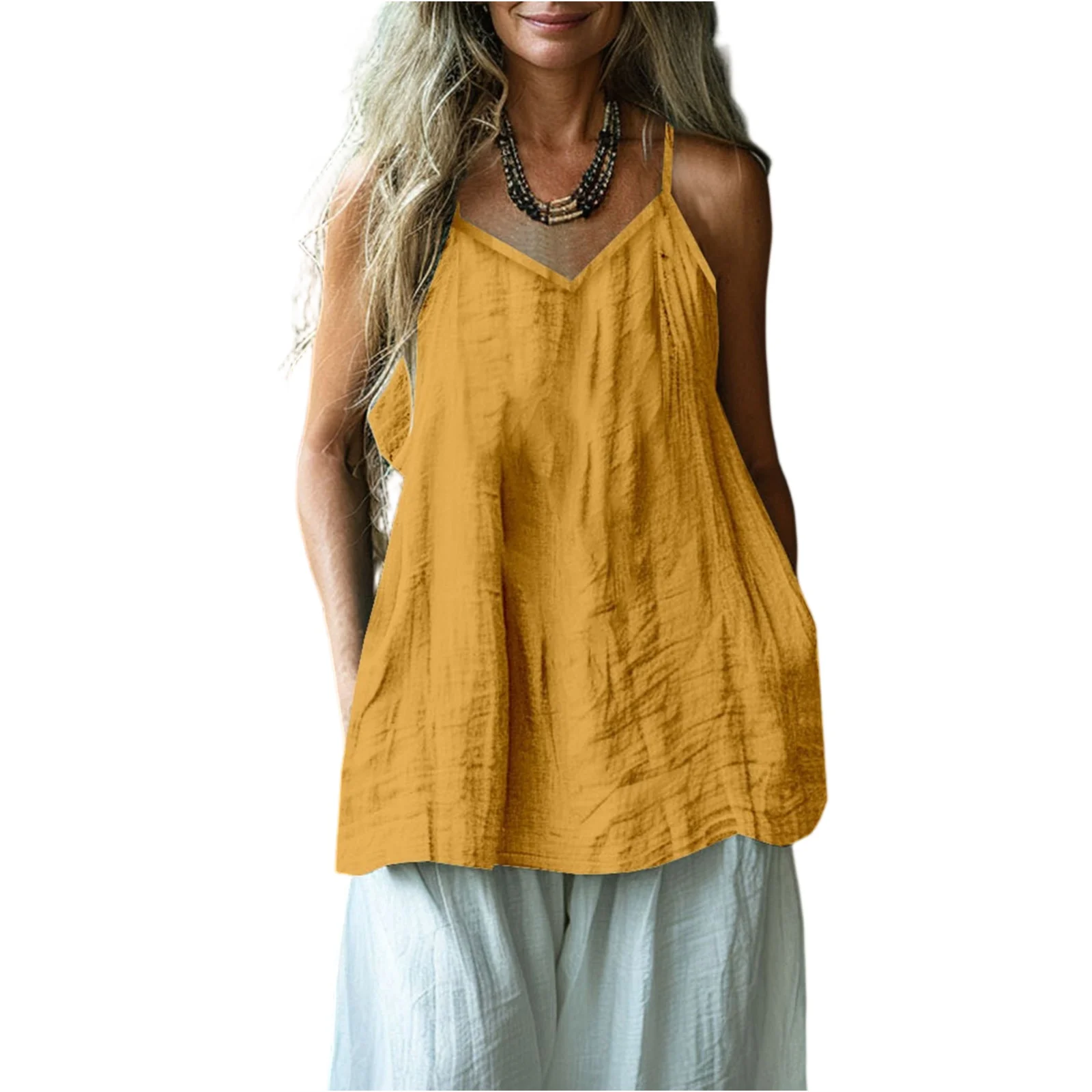 Women's summer cotton linen Loose camisole top Casual Fashion Spaghetti ...