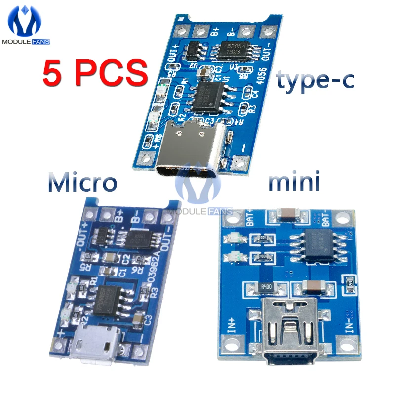 5 PCS 5V 1A TYPE C Micro USB 18650 TC4056A Lithium Battery Charging ...