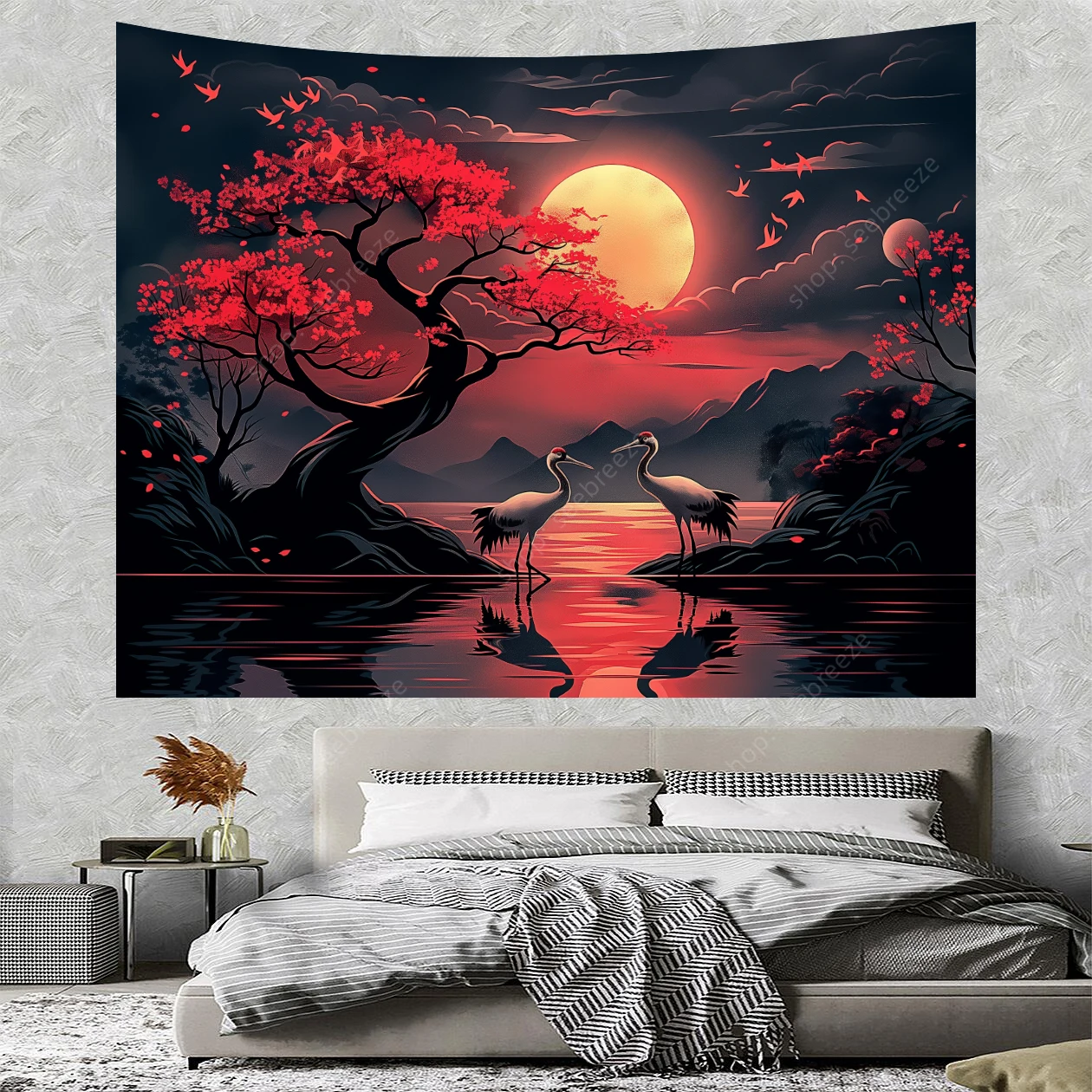 Japanese-Style-White-Crane-Tapestry-Cherry-Blossom-Tree-and-Red-Sun ...