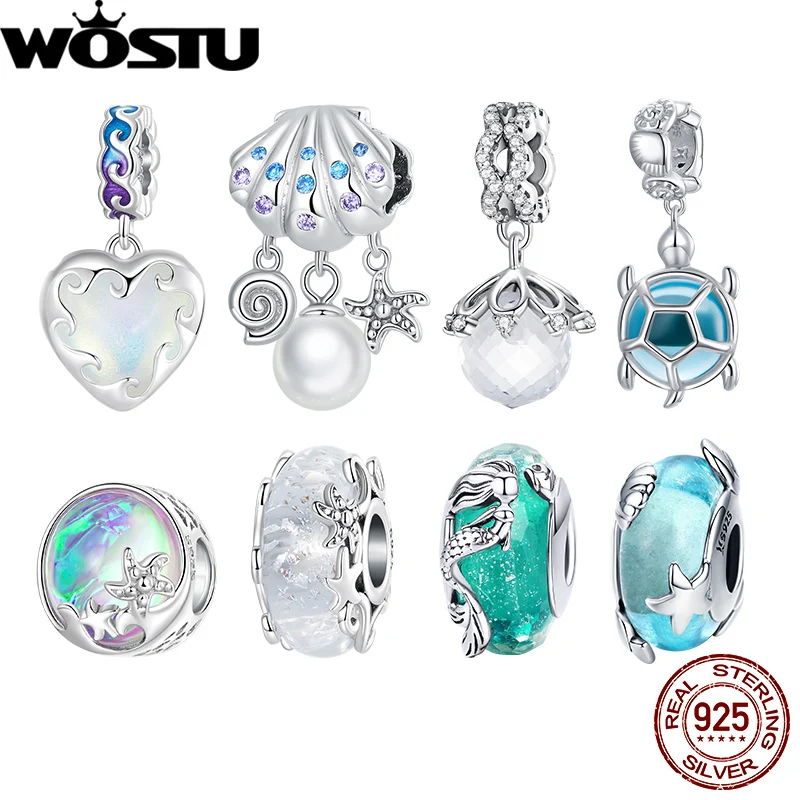 WOSTU-925 Sterling Silver Ocean Mermaid Charms, Sea Turtle Pendant, Rainbow Crystal, Pearl Beads ...