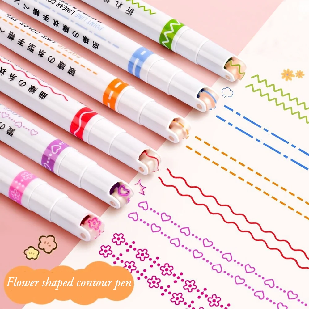 6pcs/set Line Shaped Highlighter Pen Color Roller Tip Curve Liner Art ...