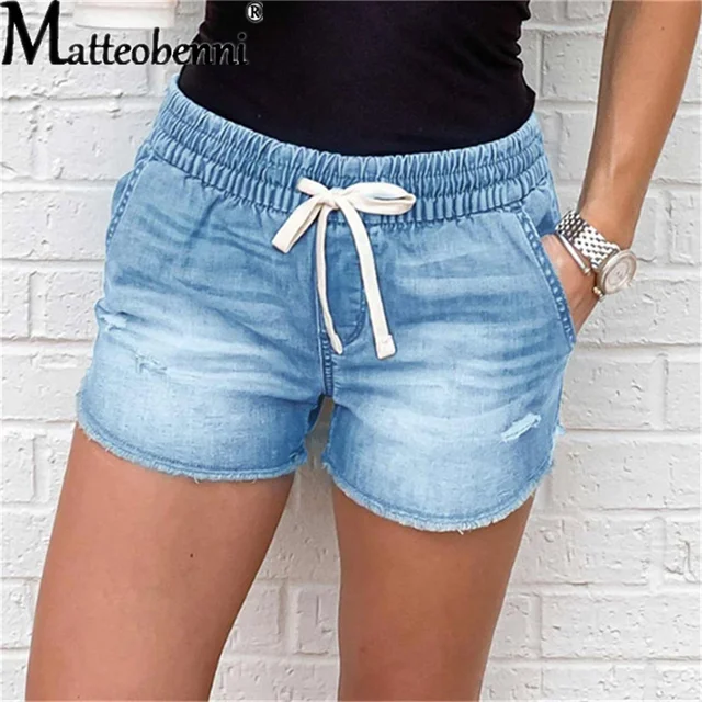 Women Mid Waist Lace Up Short Jeans Summer Fashion Sexy Ripped Denim ...