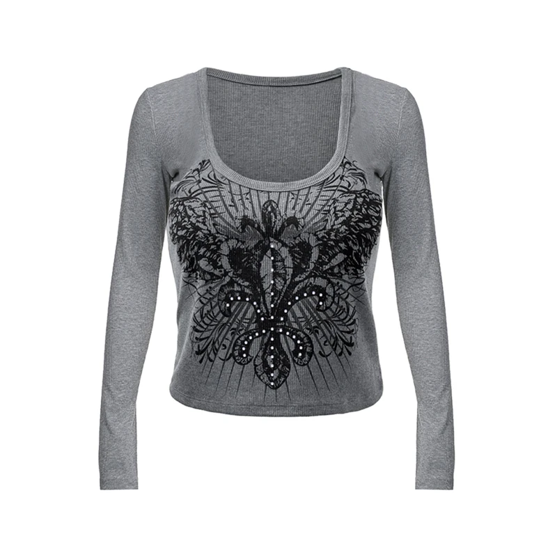 Xingqing Gráfico Strass T Camisas 2000s Estética Feminino Fada Grunge