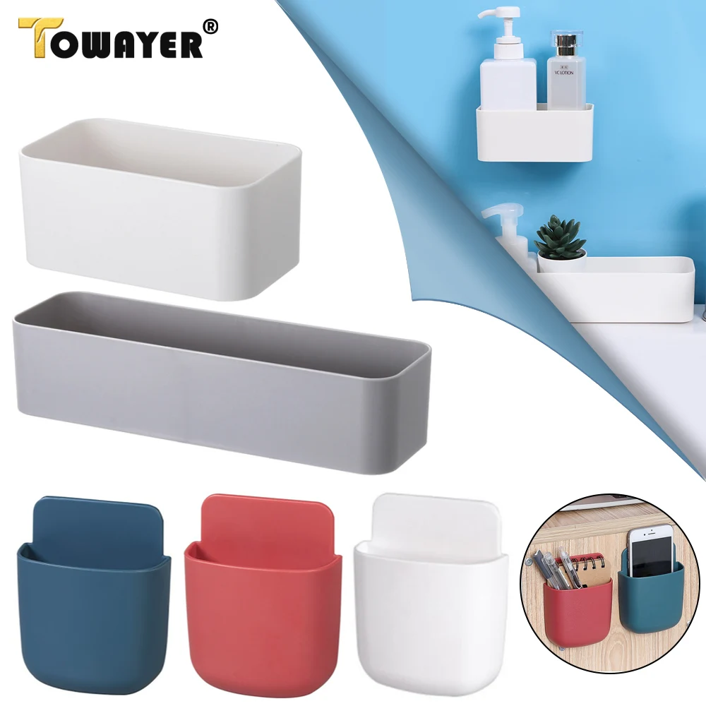 Wall Mounted Storage Box Holder Bathroom Rack Shelf Adhesive Case Home ...