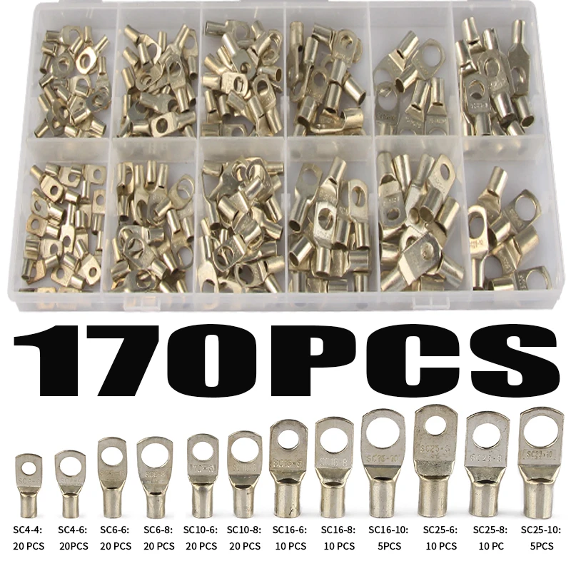 170Pcs-Bare-Terminals-Tinned-Copper-Lug-Ring-Seal-Wire-Connector ...