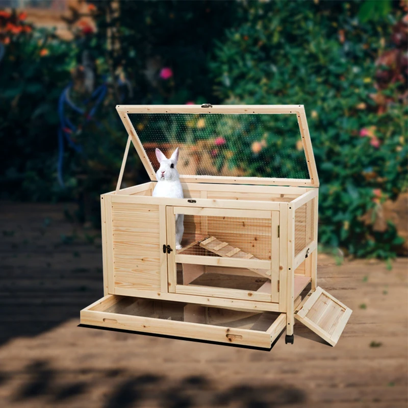 Outdoor Wood Rabbit Cage 2 Tiers Cottages With Ramp Wheels Handling ...