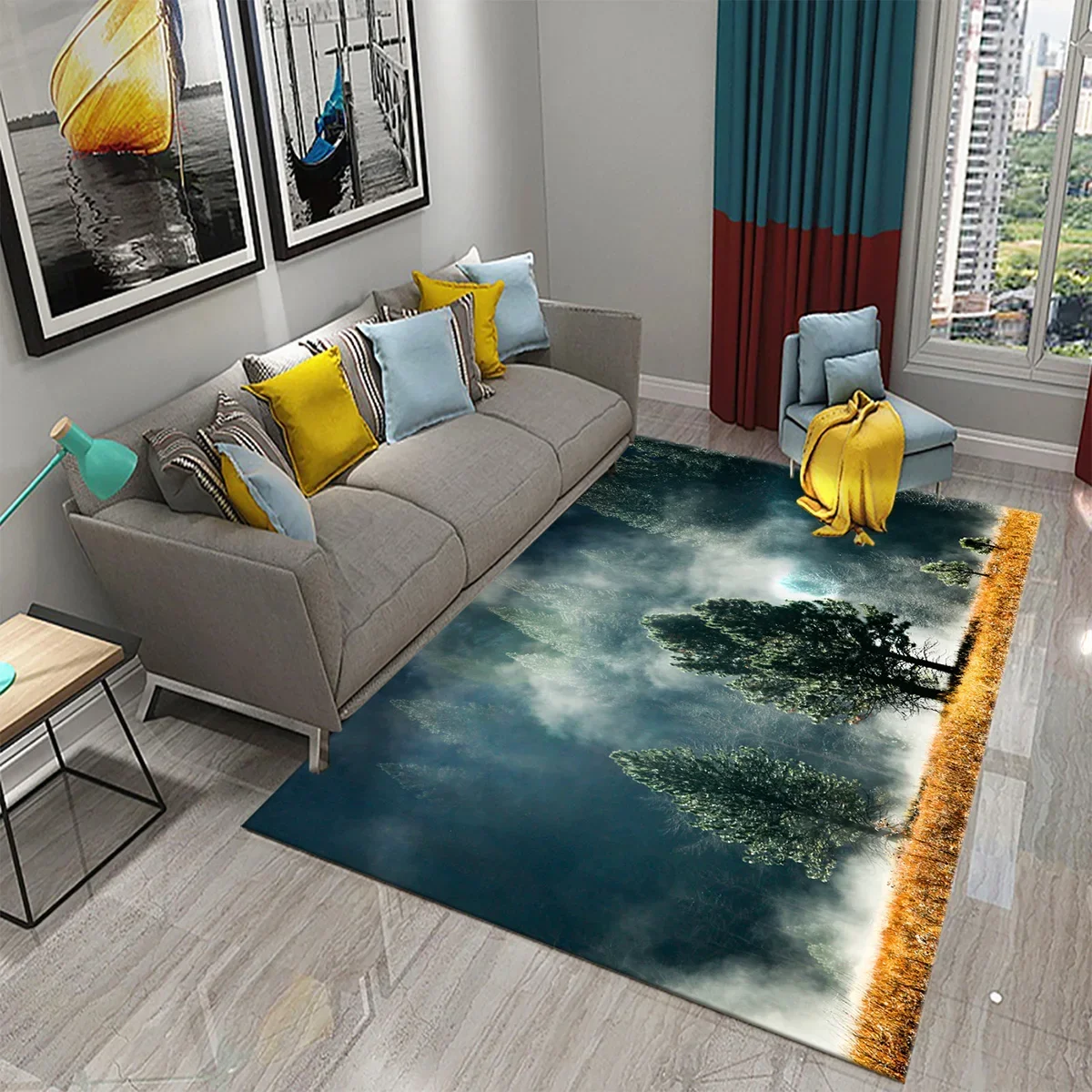Smoky Forest Carpet Green Trees Mountain Rug Natural Scenery Rectangle ...