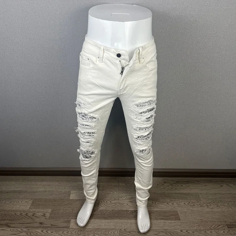 Street-Fashion-Men-Jeans-White-Color-Elastic-Stretch-Skinny-Ripped ...