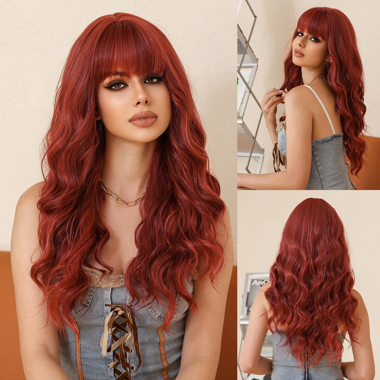 Long-Burgundy-Red-Beach-Wave-Wigs-Synthetic-Wigs-with-Bangs-High ...