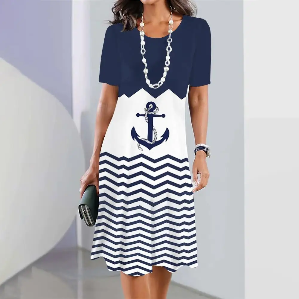 Vestido-elegante-con-estampado-de-ancla-para-mujer-ropa-de-manga-corta ...