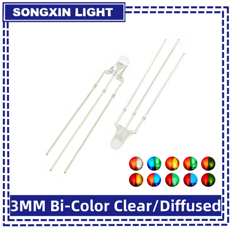 100PCS 3MM Round Clear Lens Two Color Common Anode/Cathode LED Red Warm ...