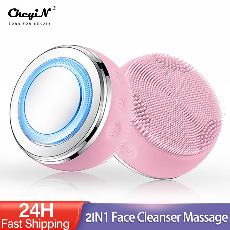 2in1 Led Light Silicone Heating Face Cleanser Massage Facial Cleaning ...
