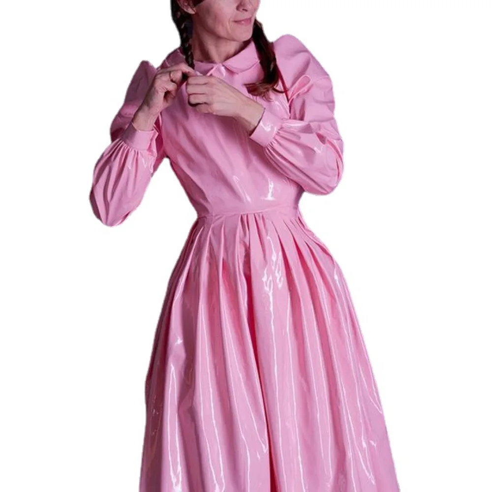 Lolita-Faux-PVC-Leather-Long-Dress-Women-Sweet-Peter-Pan-Collar-Long ...