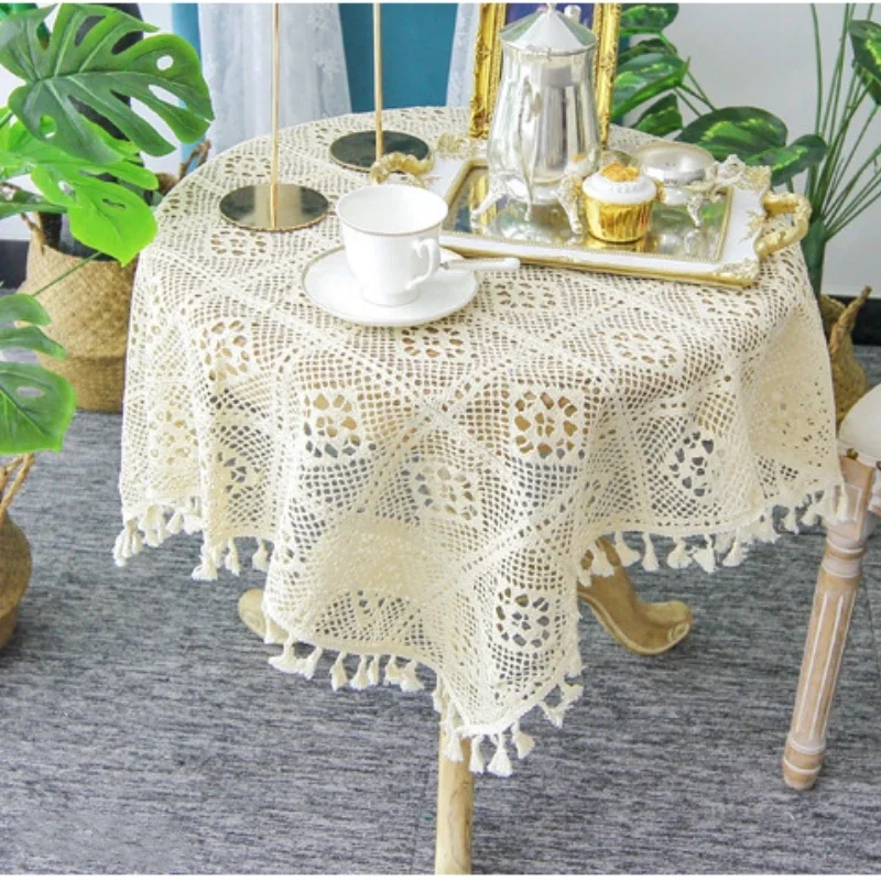 Cotton-Crochet-Tablecloth-Rectangle-Beige-Hollow-Handmade-Vintage-Lace ...