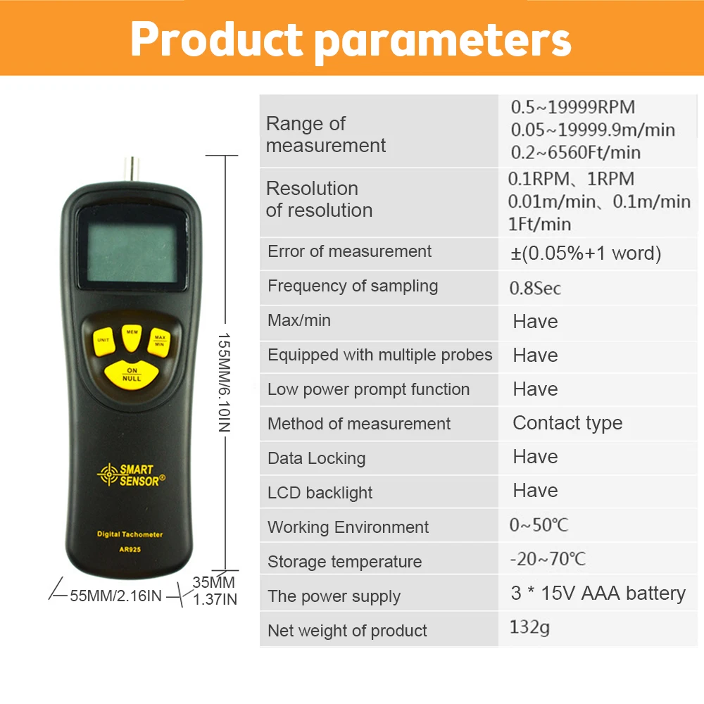 SMARTSENSOR AR925 Digital Tachometer Contact Motor Tachometer RPM Met