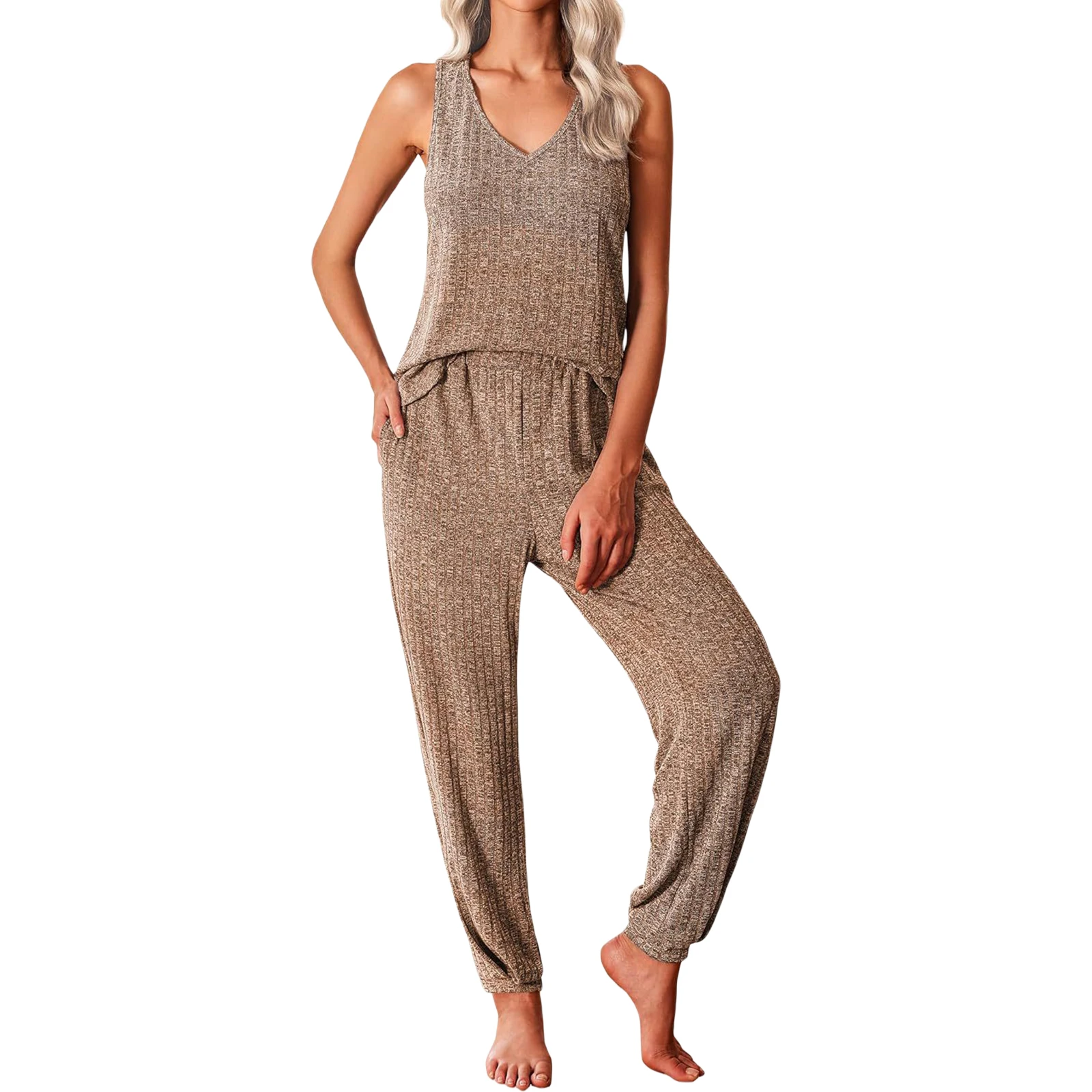 Thorn-Tree-Women-s-Summer-Knit-Loungewear-Set-V-Neck-Tank-Tops-with ...
