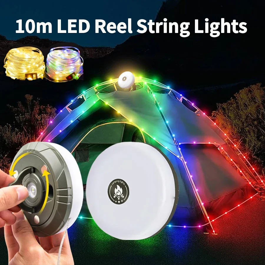 10m LED Reel String Lights Outdoor USB Rechargeable Camping Lamp Solar ...