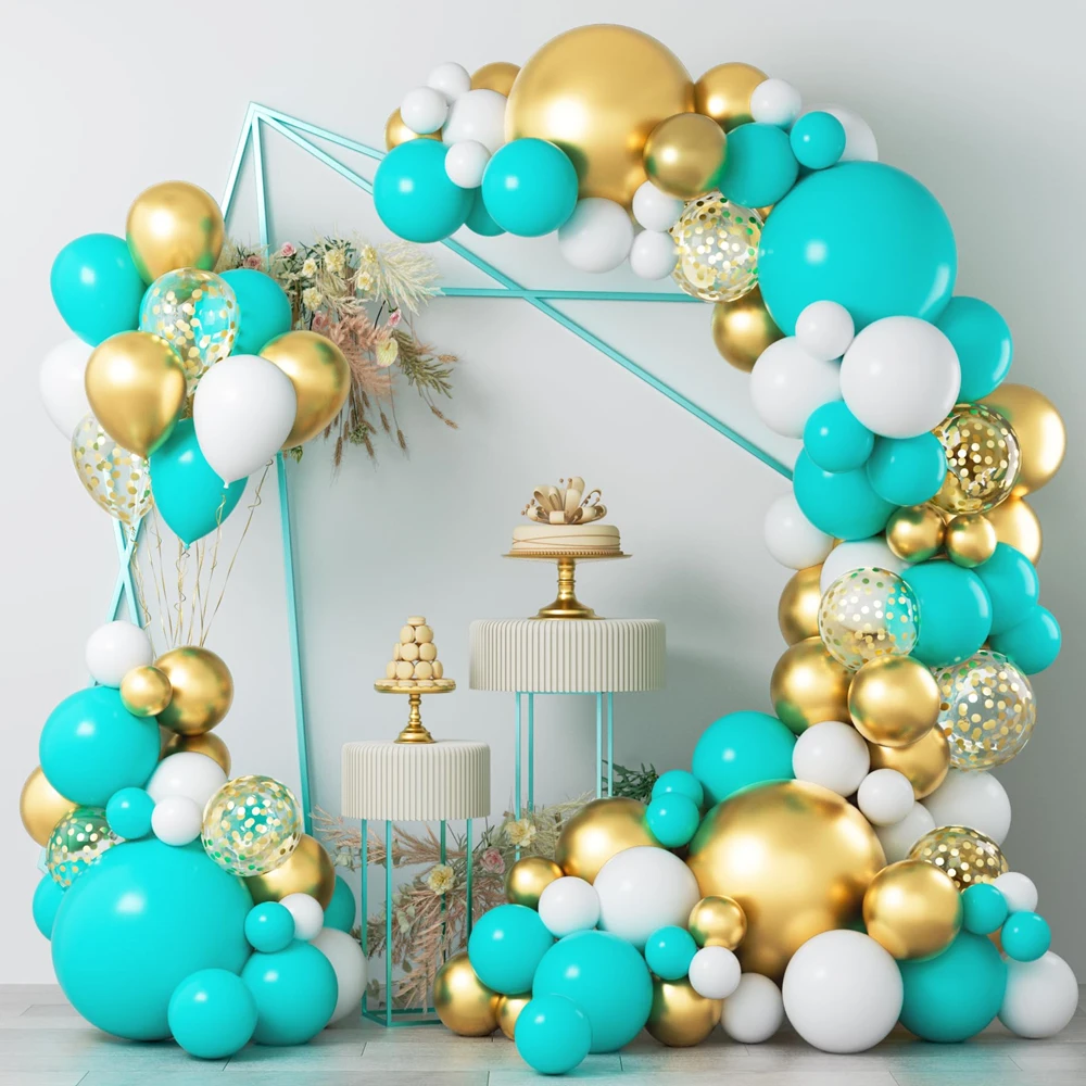 108Pcs-Turquoise-Blue-White-Metallic-Gold-Confetti-Latex-Balloon ...