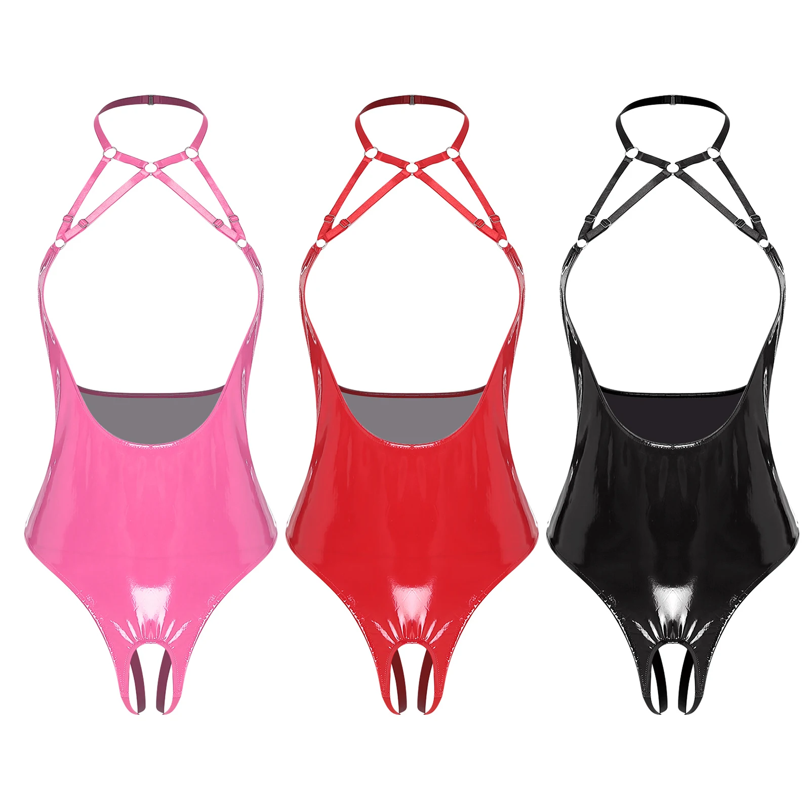 Womens PU Leather Hollow Out Lingerie Bodysuit Wet Look Strappy Halter ...