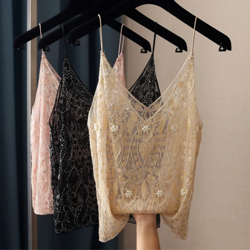 2021 Fashion Women Bead Work Camis Femme Lady Sexy Club Camisole Bling ...