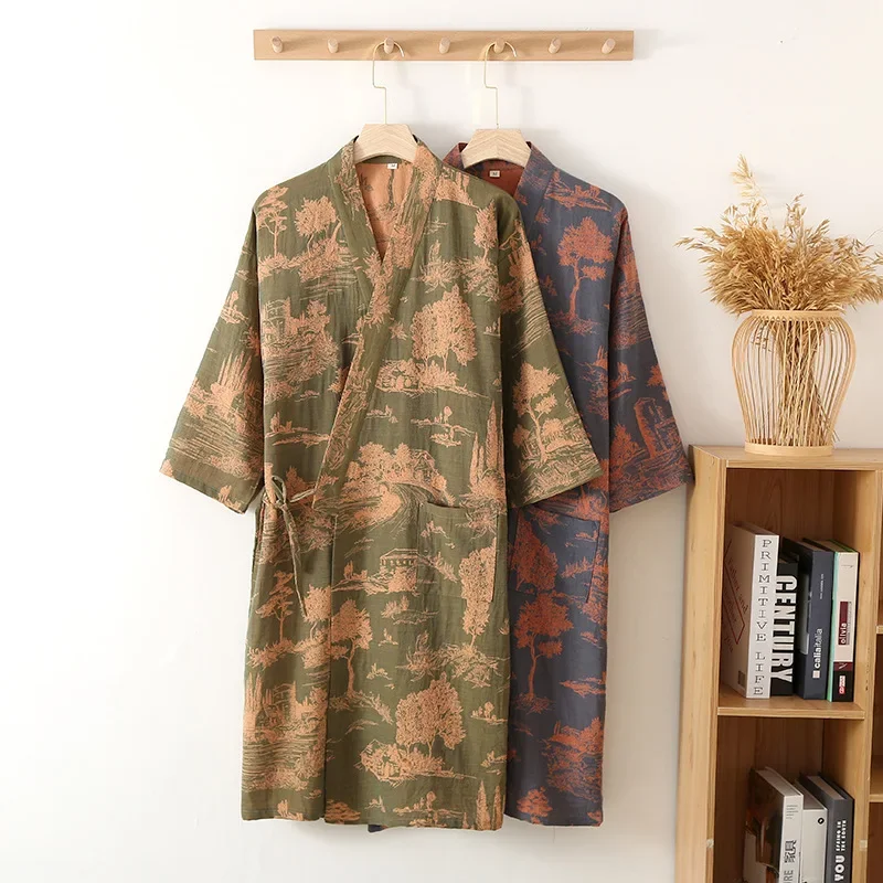 Blue Green Colors Printed Robe for Men Cotton Kimono Men Bathrobe for ...