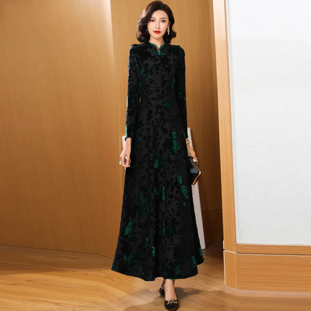 New Women Lengthened Dress Spring Autumn Elegant Fashion Green Jacquard ...