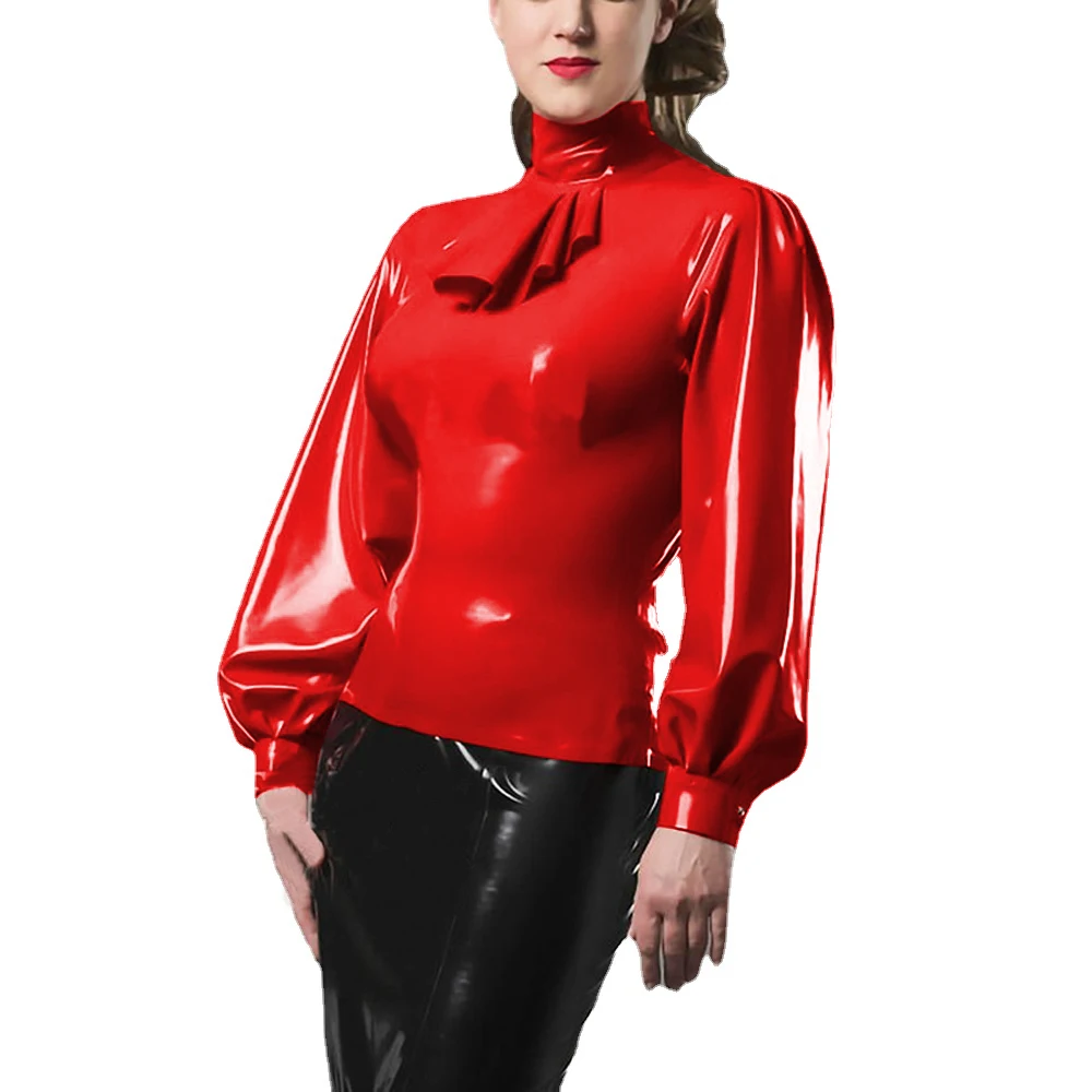 Mode-weibliche-elegante-R-schen-Blusen-gl-nzende-PVC-Leder-High-Neck ...