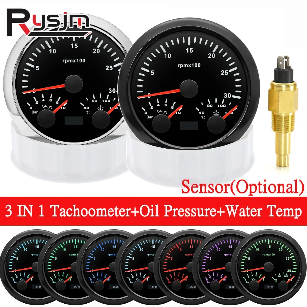HD 85mm 3 in 1 Boat Tachometer +Oil Pressure Meter +Water Temperature ...