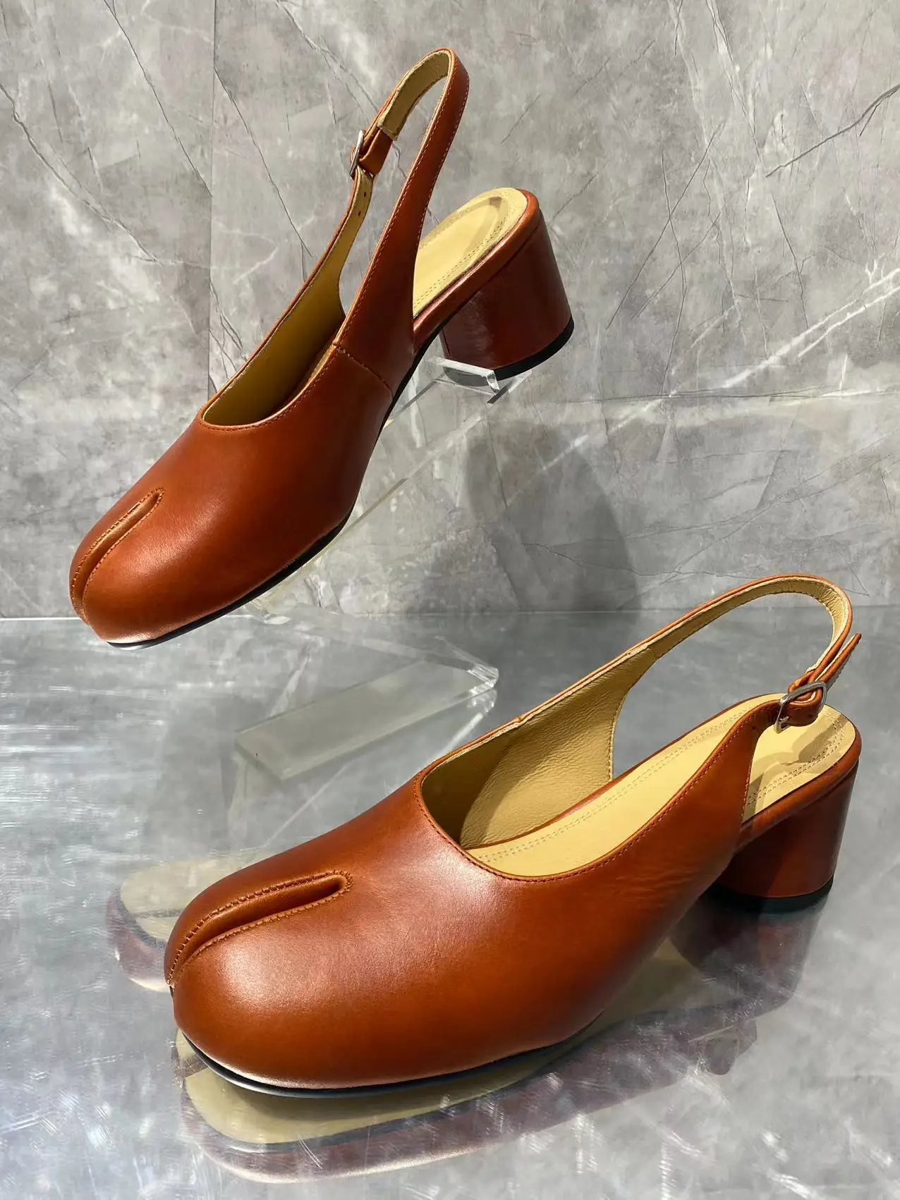 Woman-New-Style-Split-Toe-Brown-Leather-Sandals-Fashion-Round-High-Heel ...