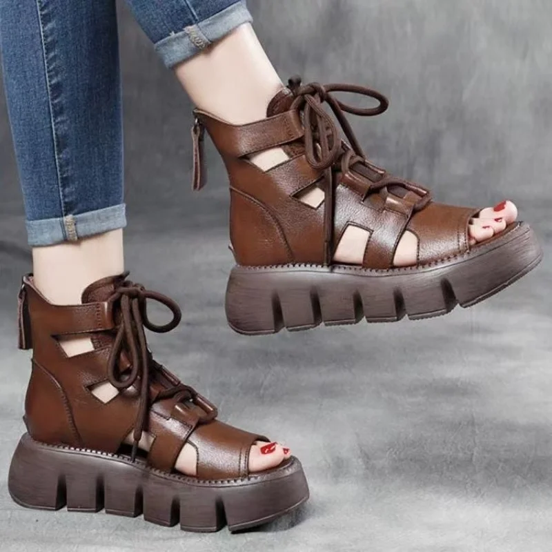 High-Quality-Women-Shoes-Summer-Ladies-Retro-Sandals-Luxury-Lace-Up ...