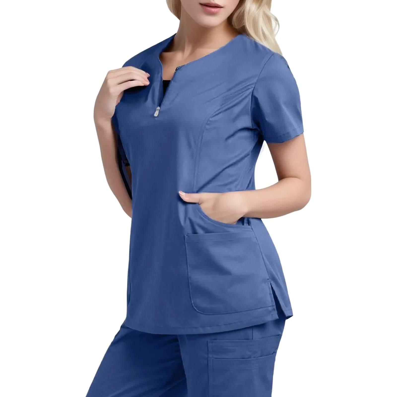 Nurse-Uniform-Pocket-Women-Solid-Short-Sleeve-V-Neck-Pharmacy-Lab ...