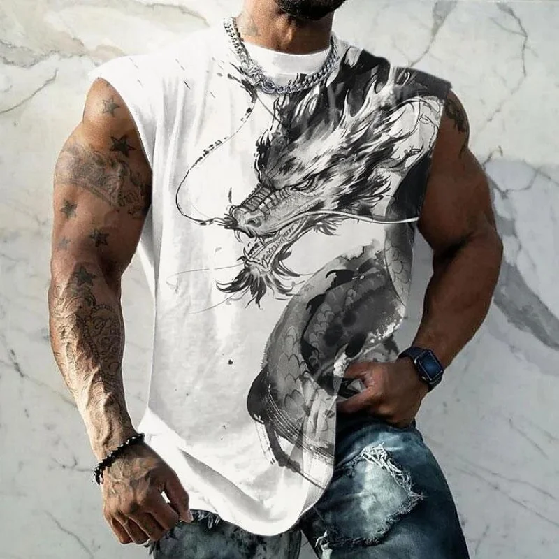 Vintage Chinese Loong Pattern Tank Tops For Men Cool Animal 3D Printed ...