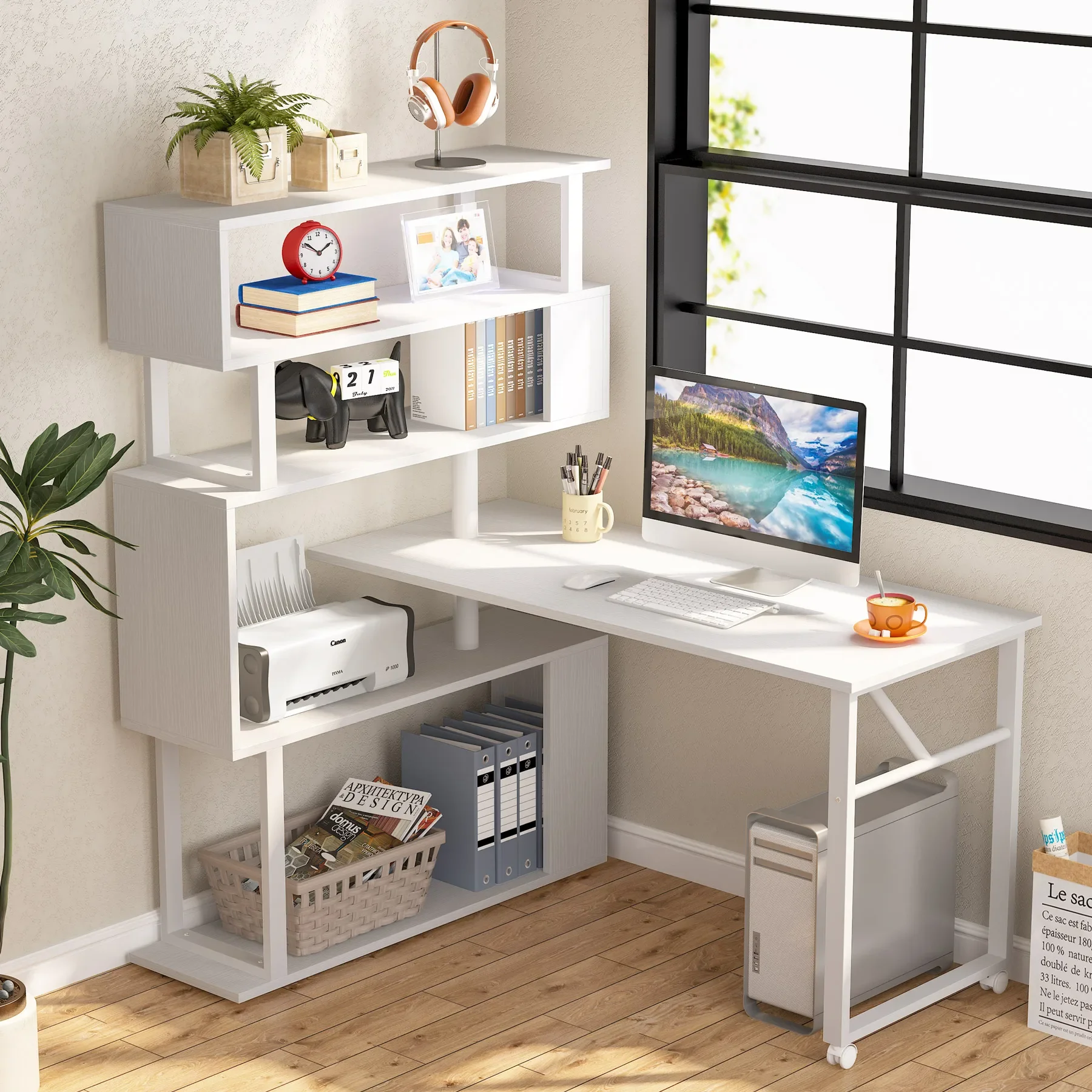 Tribesigns-Rotating-Computer-Desk-with-5-Shelves-Bookshelf-Modern-L ...