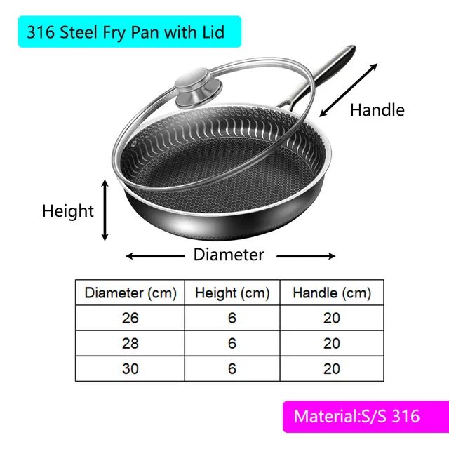 30CM Pan with Lid 316 Stainless Steel Frying Pans Non-stick Uncoated ...