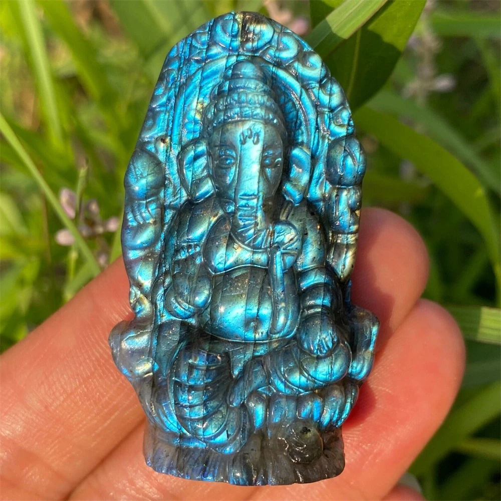 Doğal kristal labradorit el oyma Lord Ganesha heykeli buda fil hindu ...