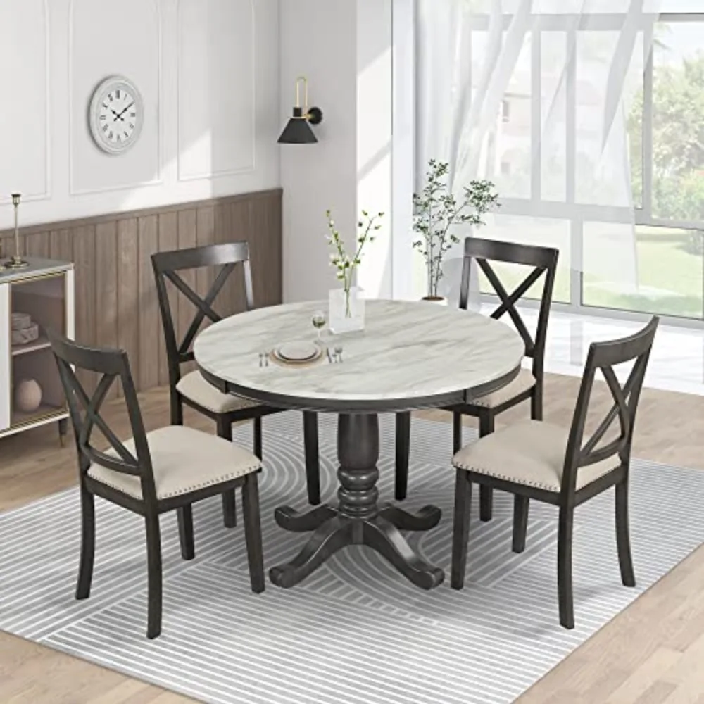 5-Piece-Round-Table-and-Chair-Set-Round-Dining-Table-with-Shelf-Wood ...