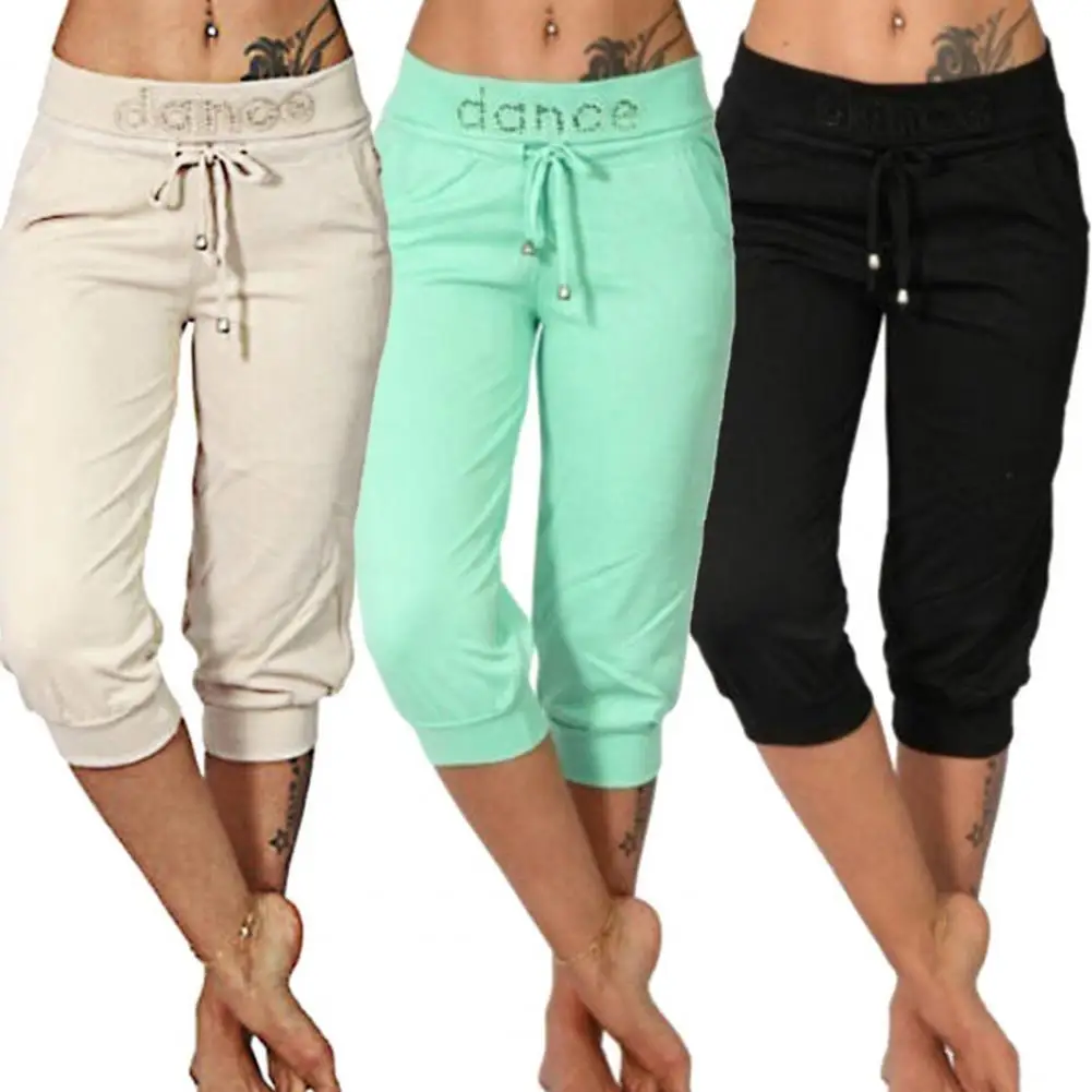 Solid-Color-Mid-calf-Lady-Capri-Pants-Mid-Rise-Drawstring-Pockets ...