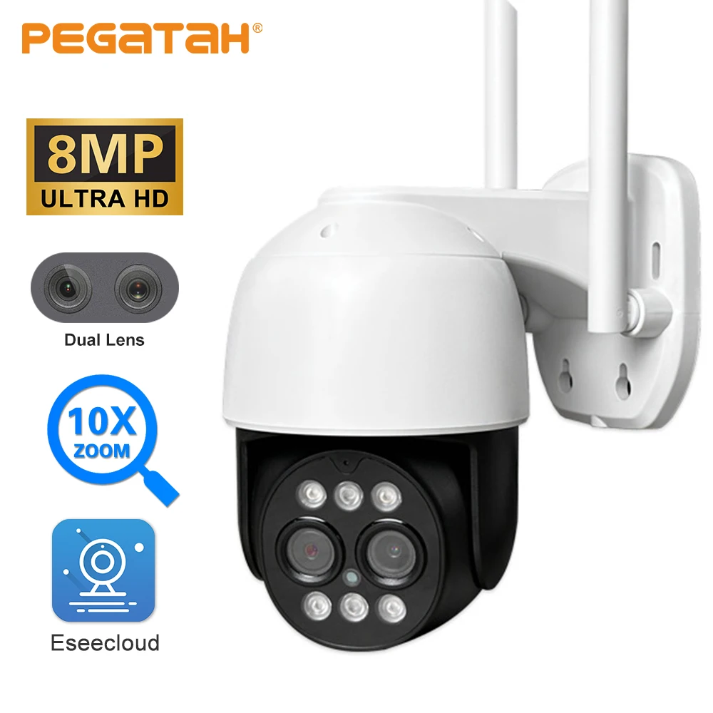 PEGATAH 8MP PTZ WiFi IP Camera Dual Lens AI Human Tracking Night Vision 10X Digital Zoom CCTV ...