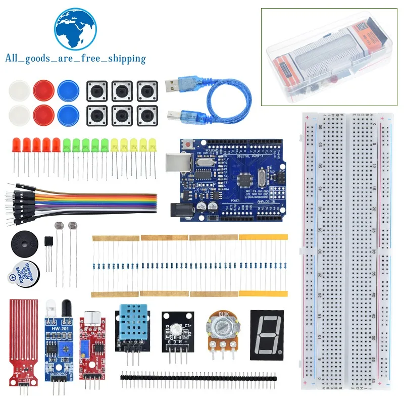 Starter Kit for Arduino Uno R3 Breadboard Basic simple learning kit, sound/water level/humidity ...