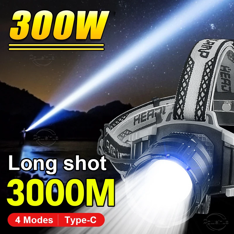 300W Rechargeable Led Head Flashlight Powerful Headlamp Head Torch Zoom ...