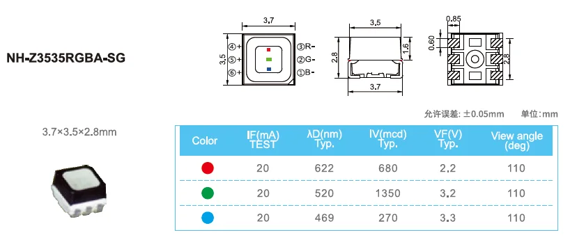 3535RGB 100 개/몫 NH-Z3535RGBA-SG 정품 스팟, 3535 RGB 풀 컬러 레드, 녹색 및 파랑 디스플레이 ...
